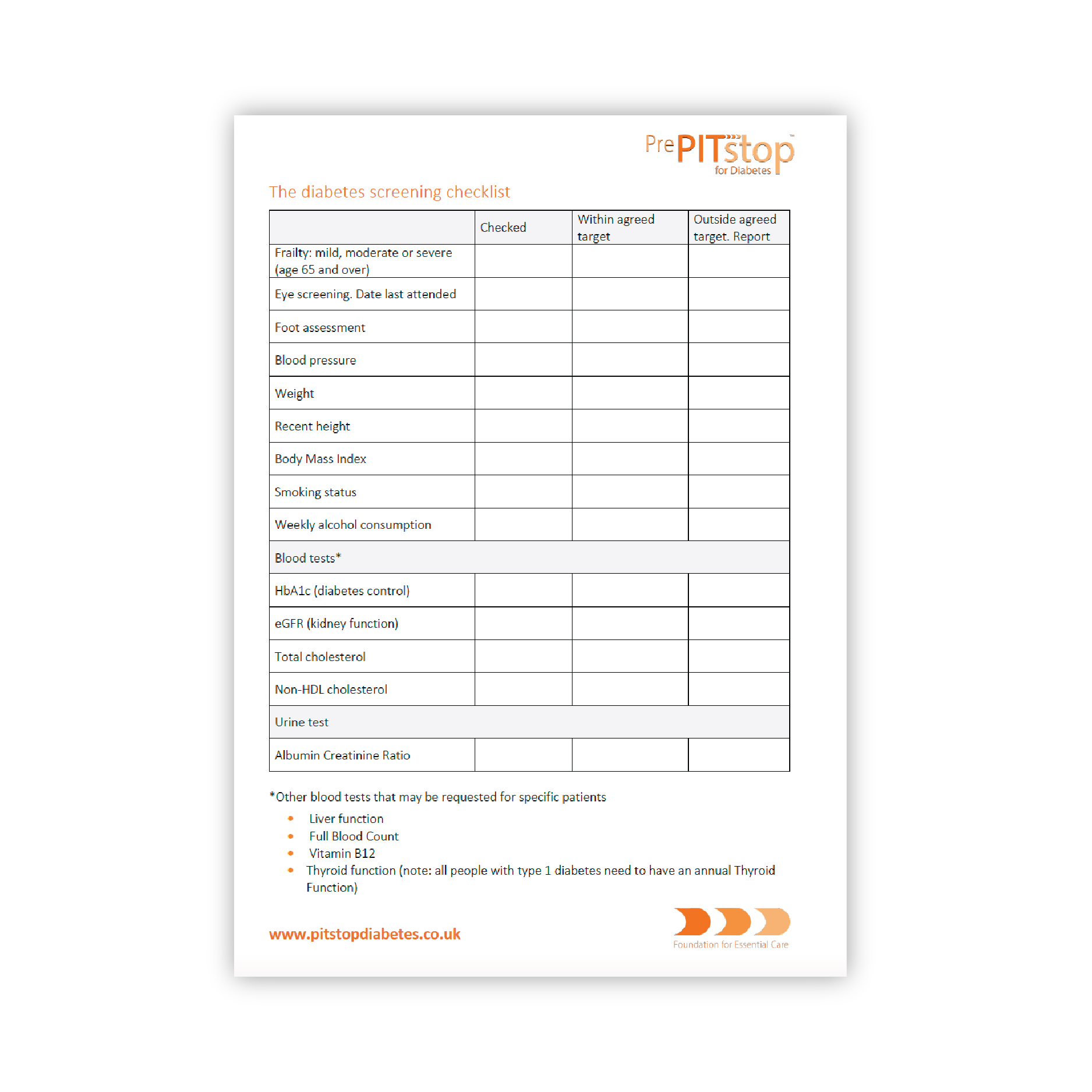 Diabetes screening checklist and steps to consultation - Pitstop Diabetes