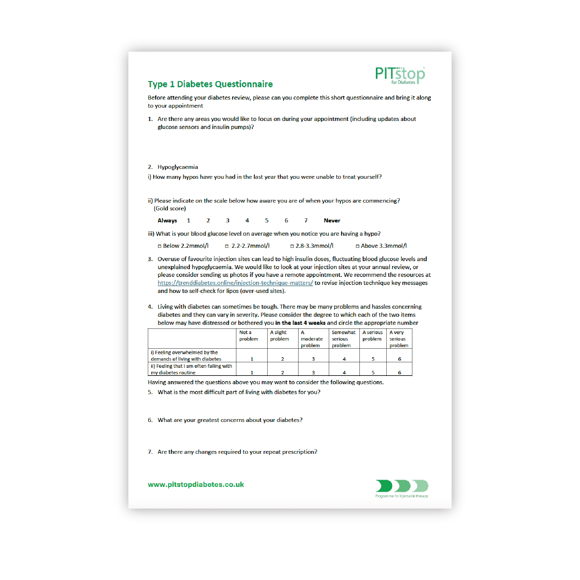 Primary Care Type 1 Diabetes questionnaire - Pitstop Diabetes